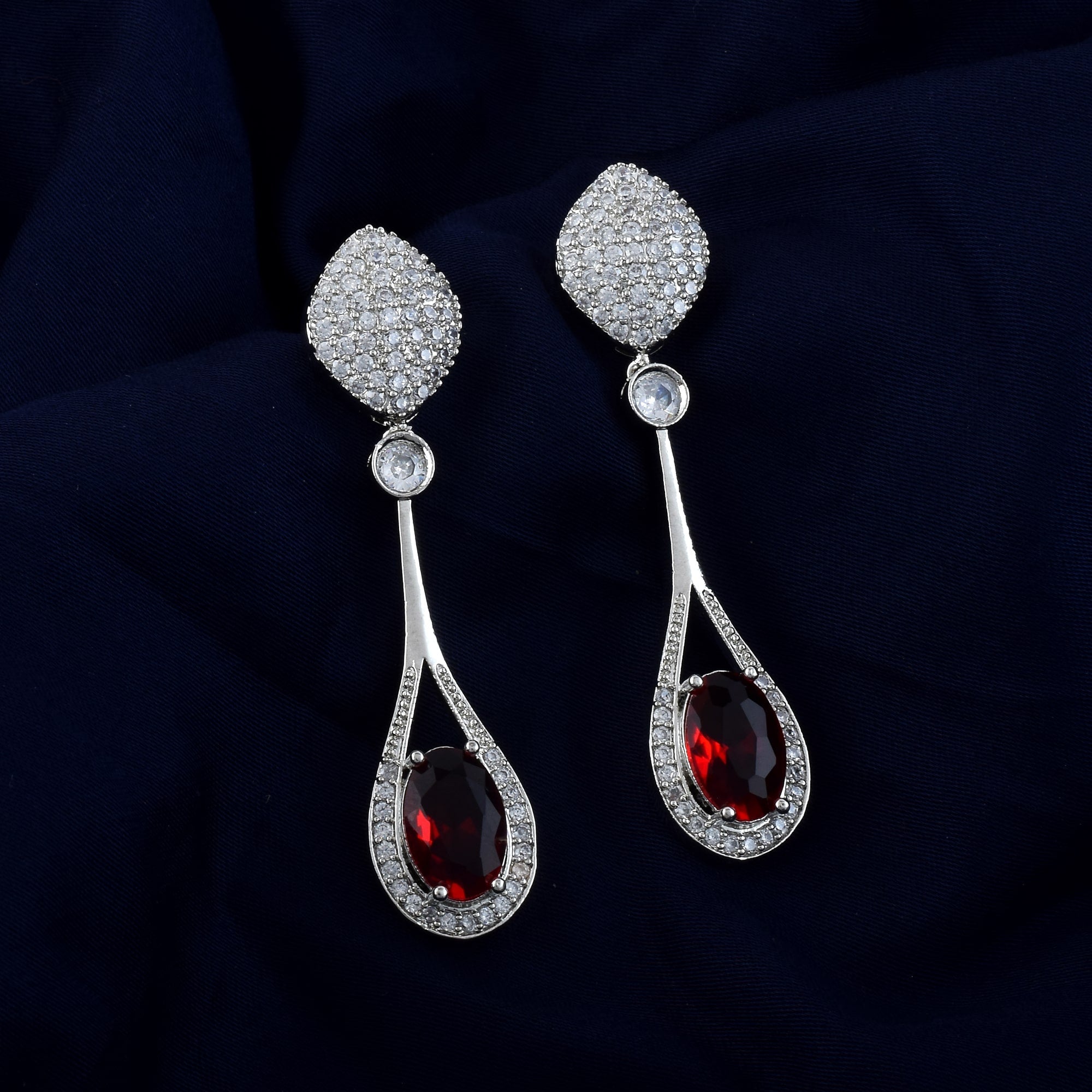 Red Color American Diamond Earrings With Traditional Leaf And Drop Cha ...
