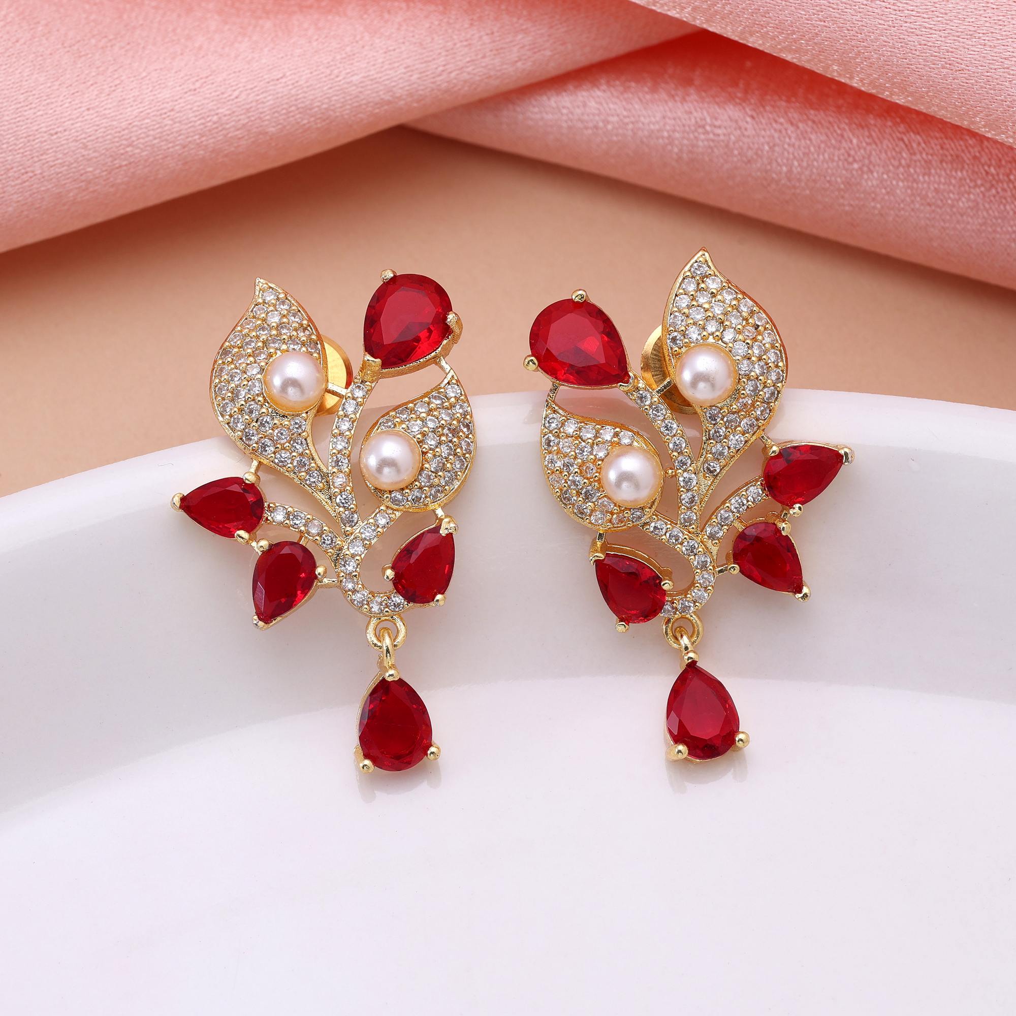 Red Color Bright Stone American Diamond Earrings For Brides And Tradit ...