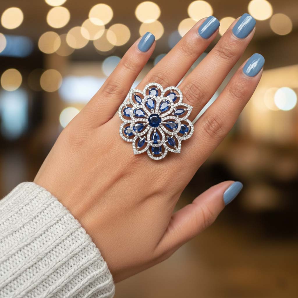Vibrant Blue Color American Diamond Ring Made To Highlight Your Unique ...