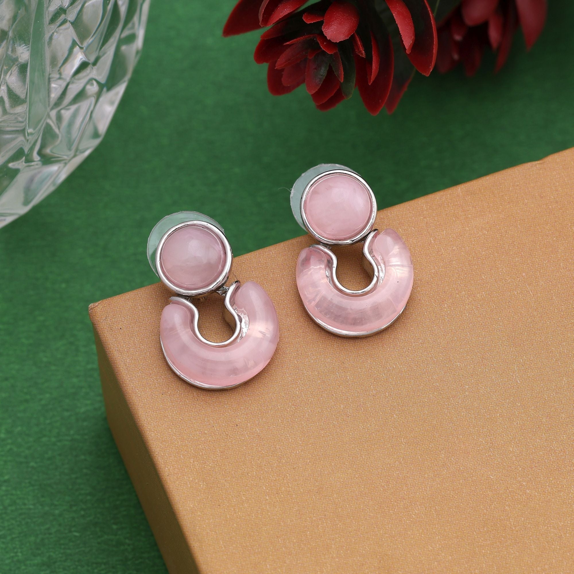 Gorgeous Pink Color Anti Tarnish Earrings With Stone Detailing For Wed ...