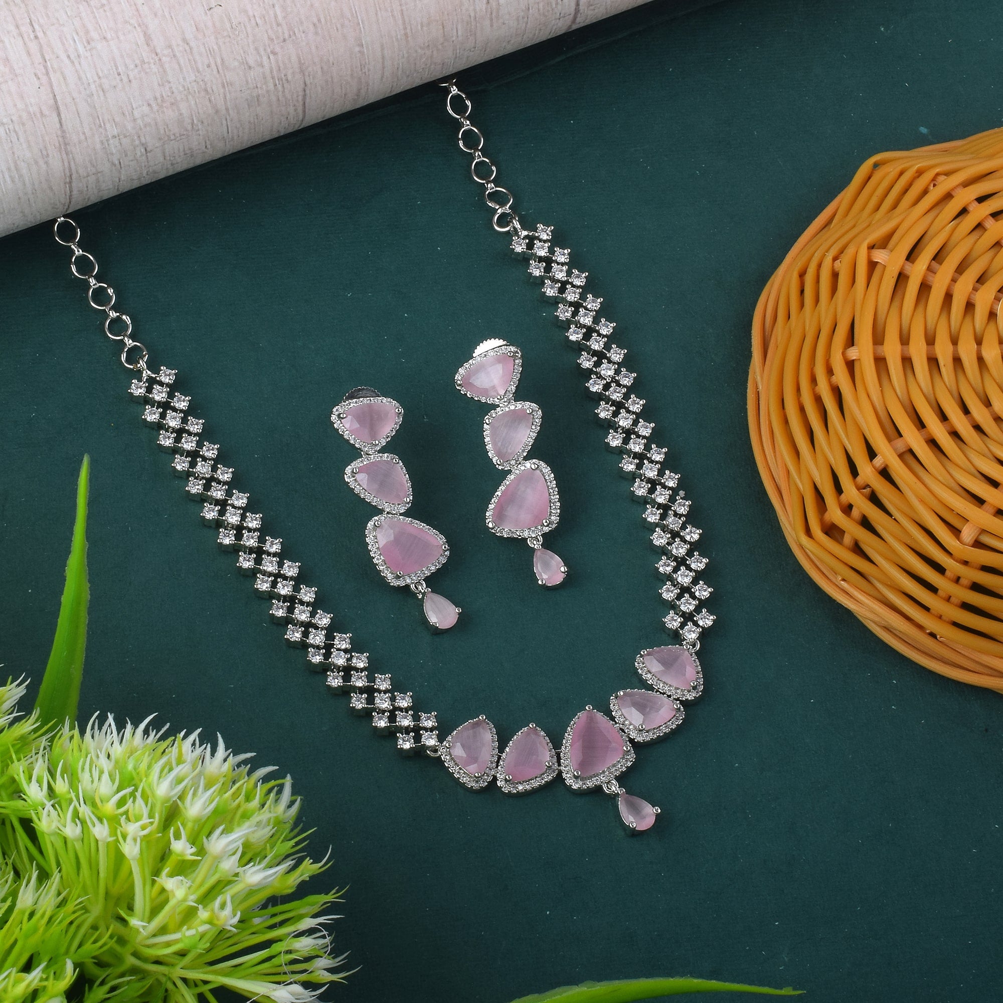 Pink Color American Diamond Necklace Set Designed For Bridal Occasions ...