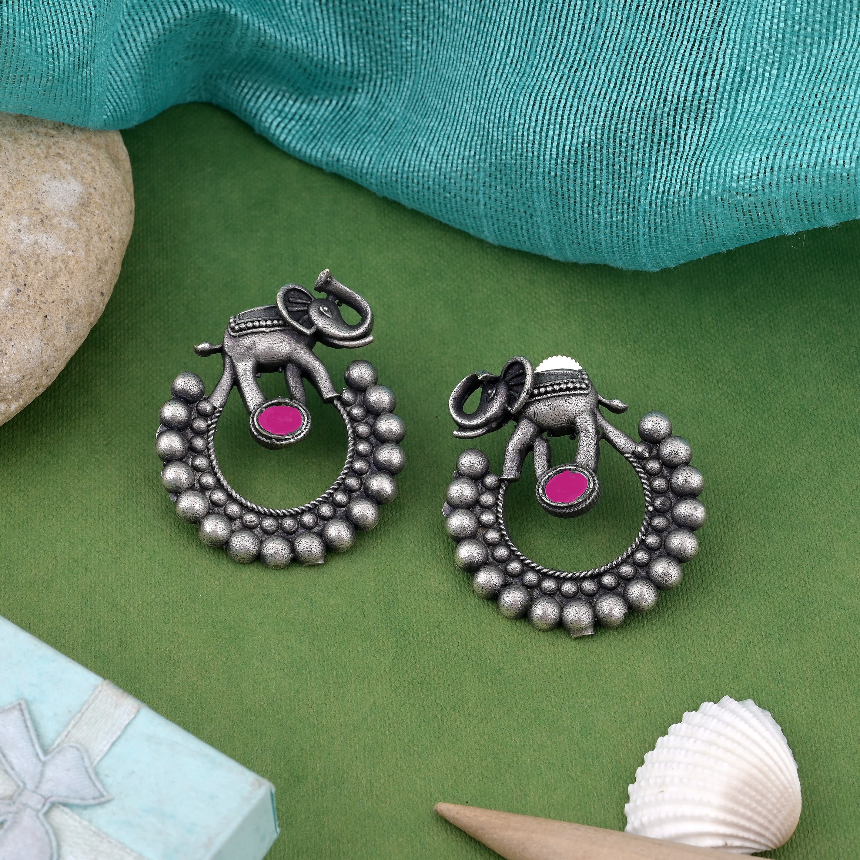 Classic Rani Color Oxidised Earrings With Floral Design And Smooth Fin ...