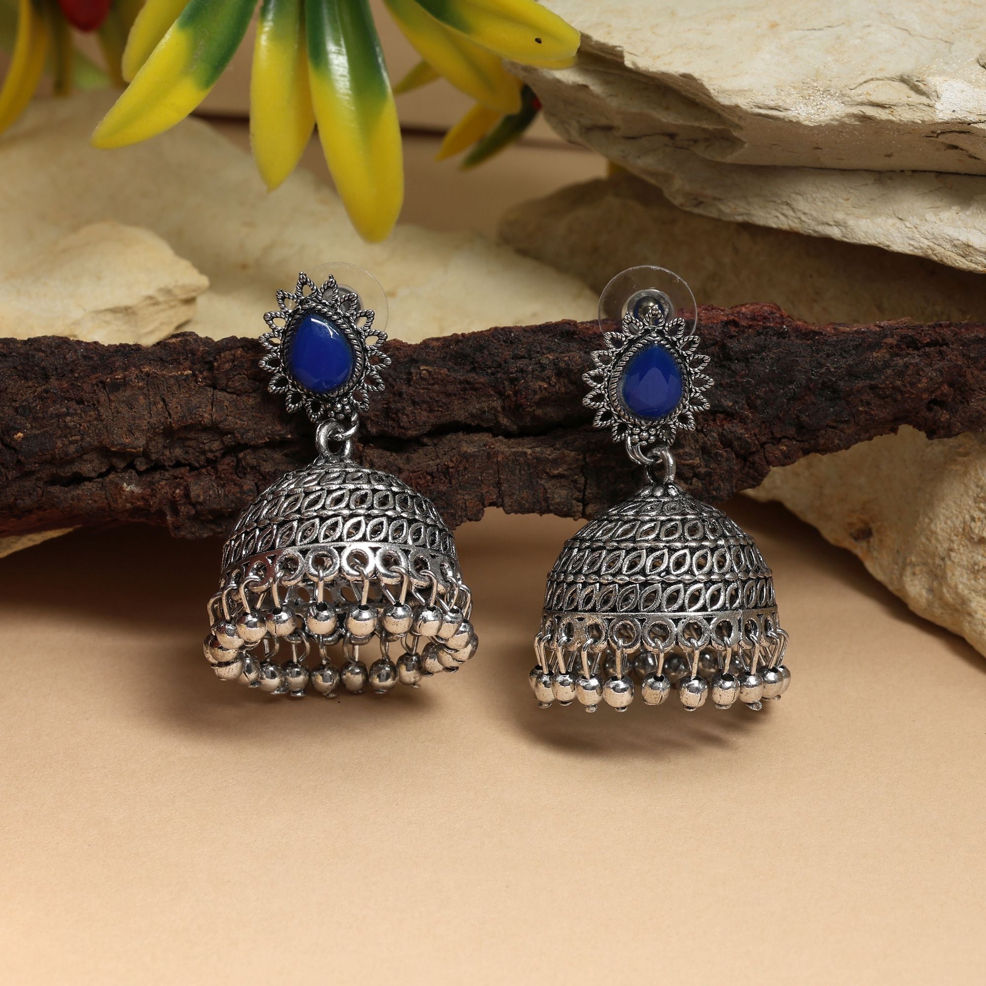 Gorgeous Blue Color Oxidised Earrings Designed With Artistic Work For ...