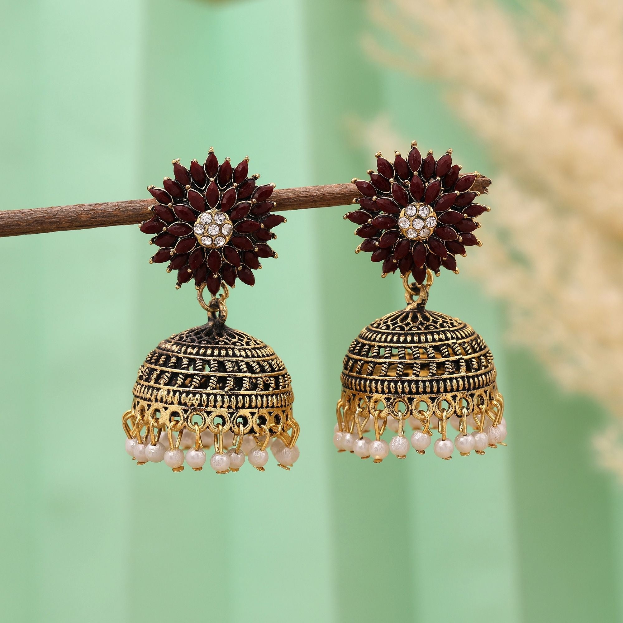 Attractive Maroon Color Oxidised Earrings Designed For Bridal Wear, Pa ...