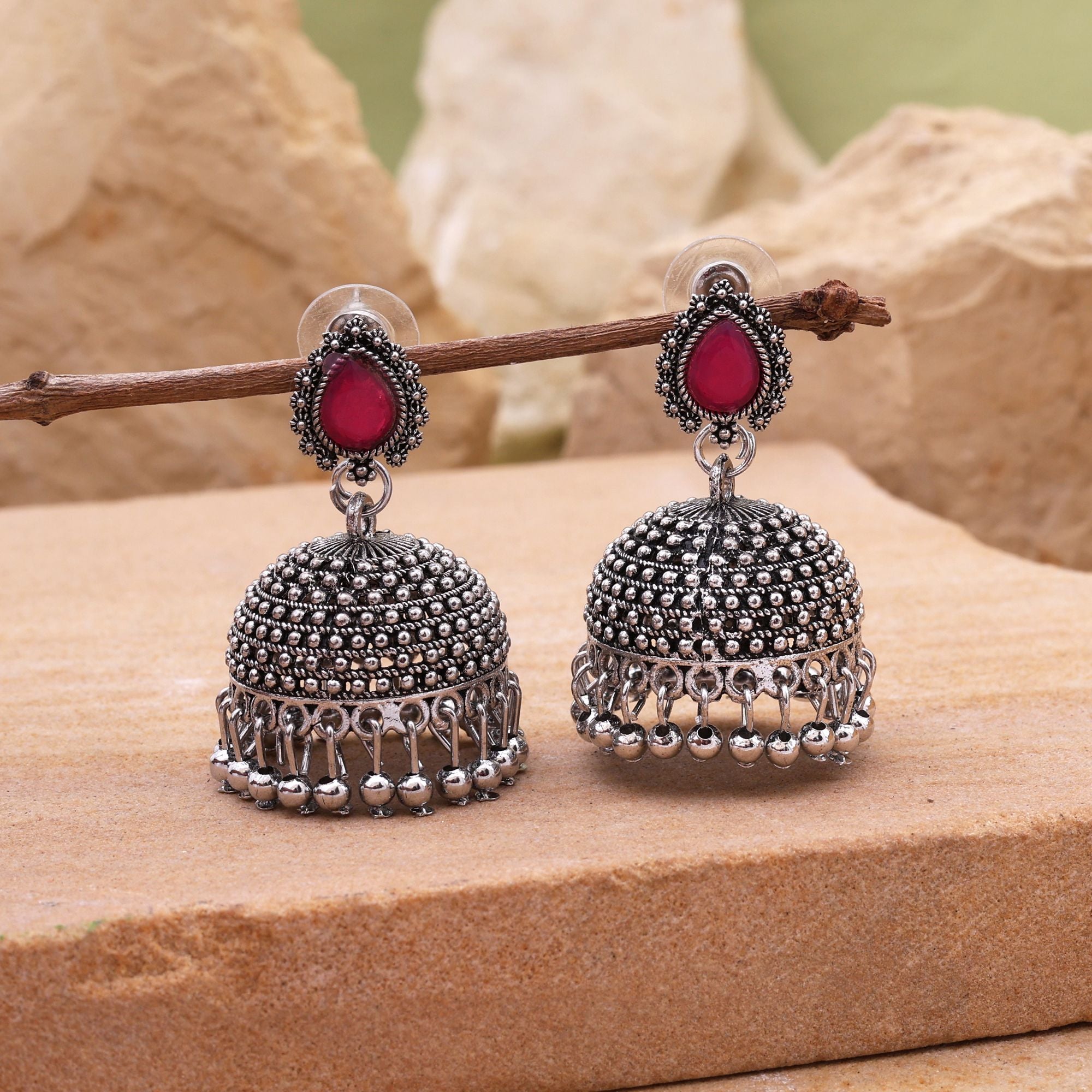Beautiful Rani Color Oxidised Earrings With Royal Traditional Style Pe ...
