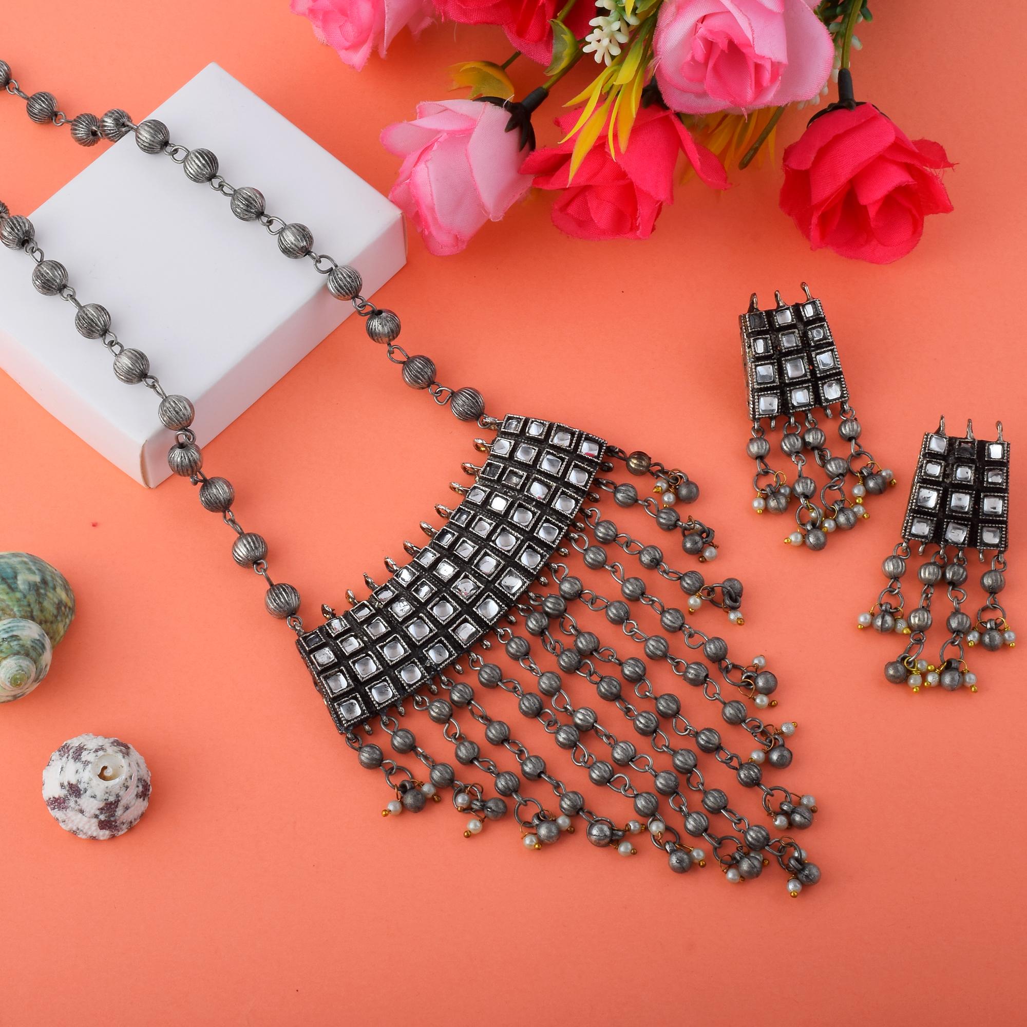 Stylish Silver Color Oxidised Necklace Set With Delicate Carvings And ...