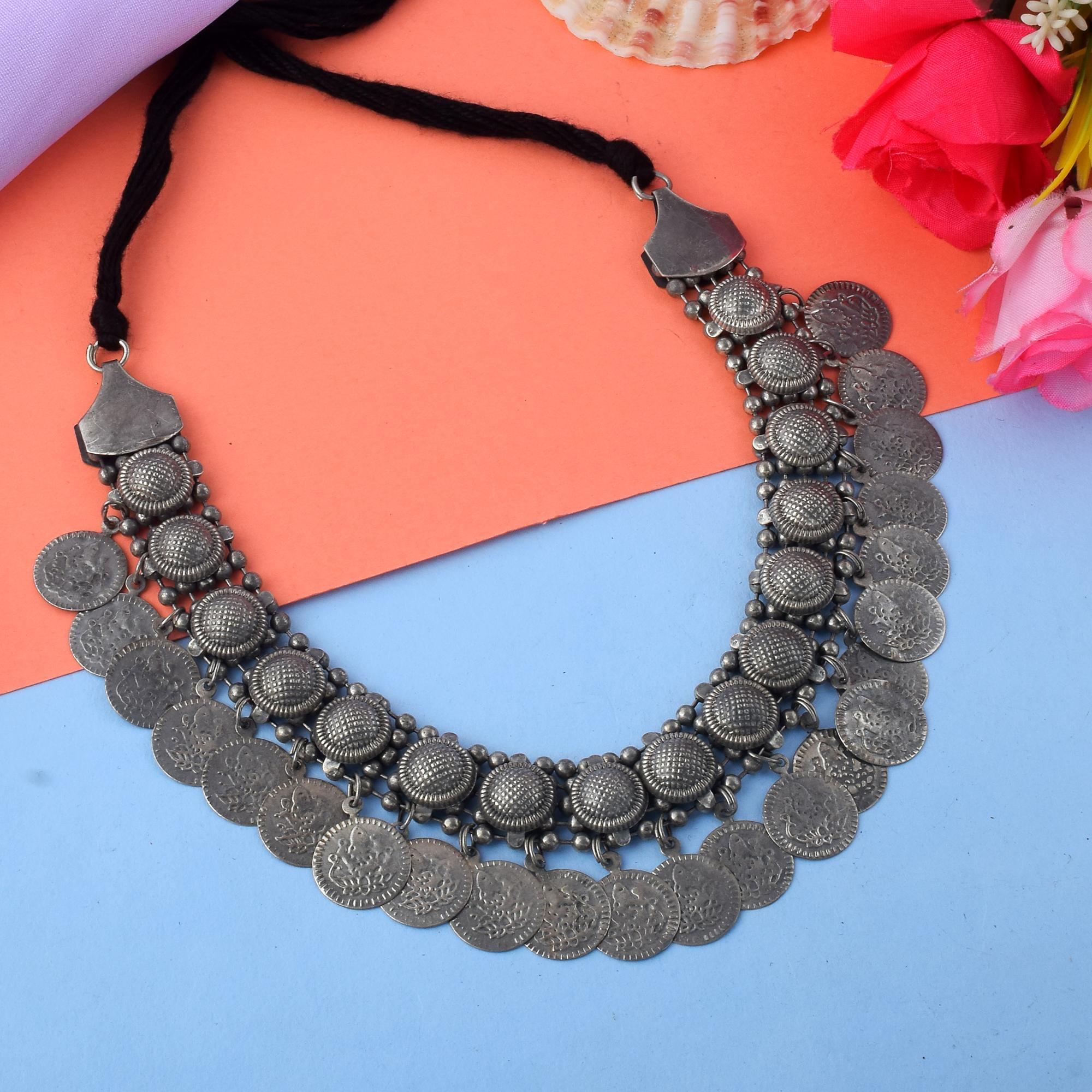 Minimalist Silver Color Oxidised Necklace Set For Daily Ethnic Accesso ...