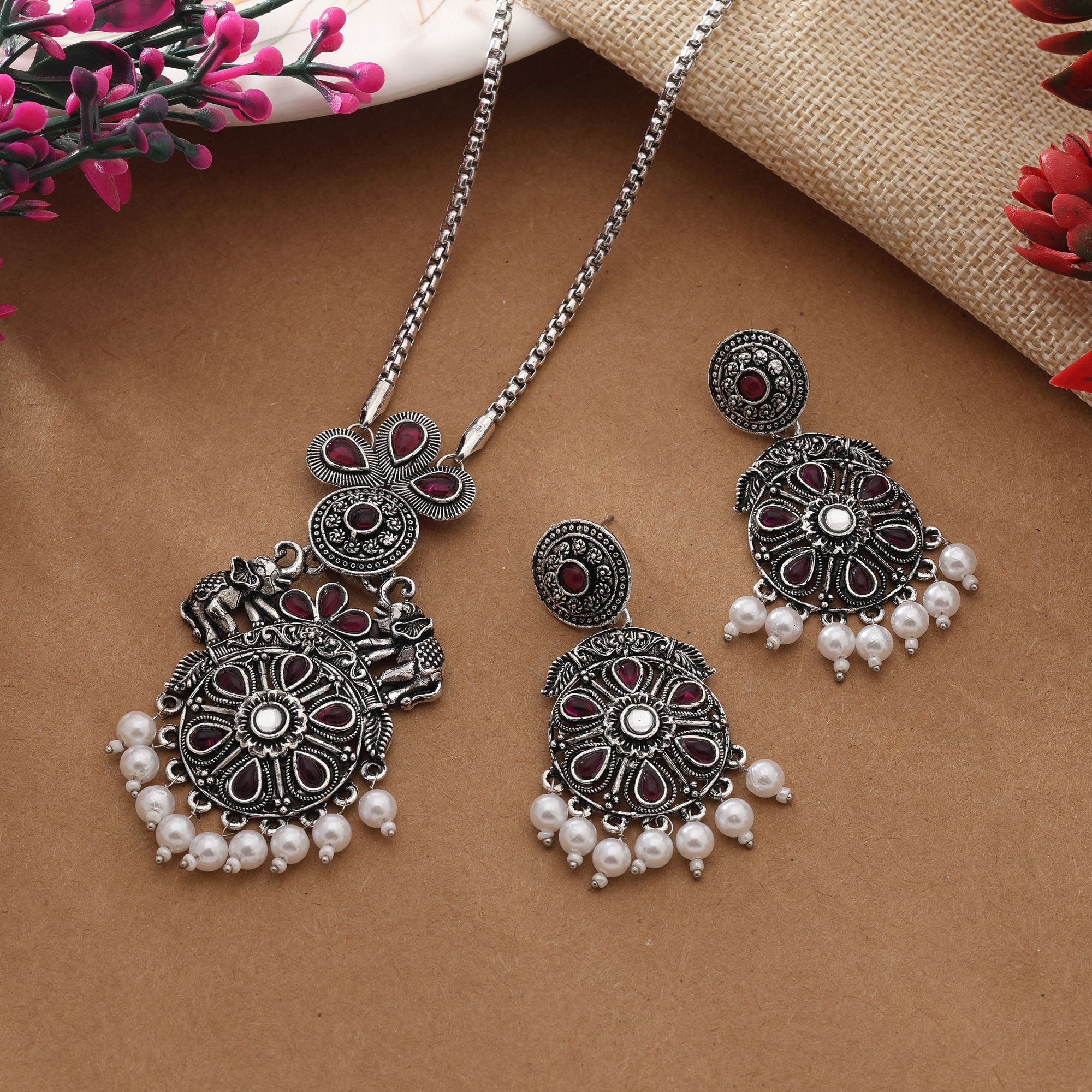 Traditional Rani Color Oxidised Necklace Set With Antique Silver Finis ...