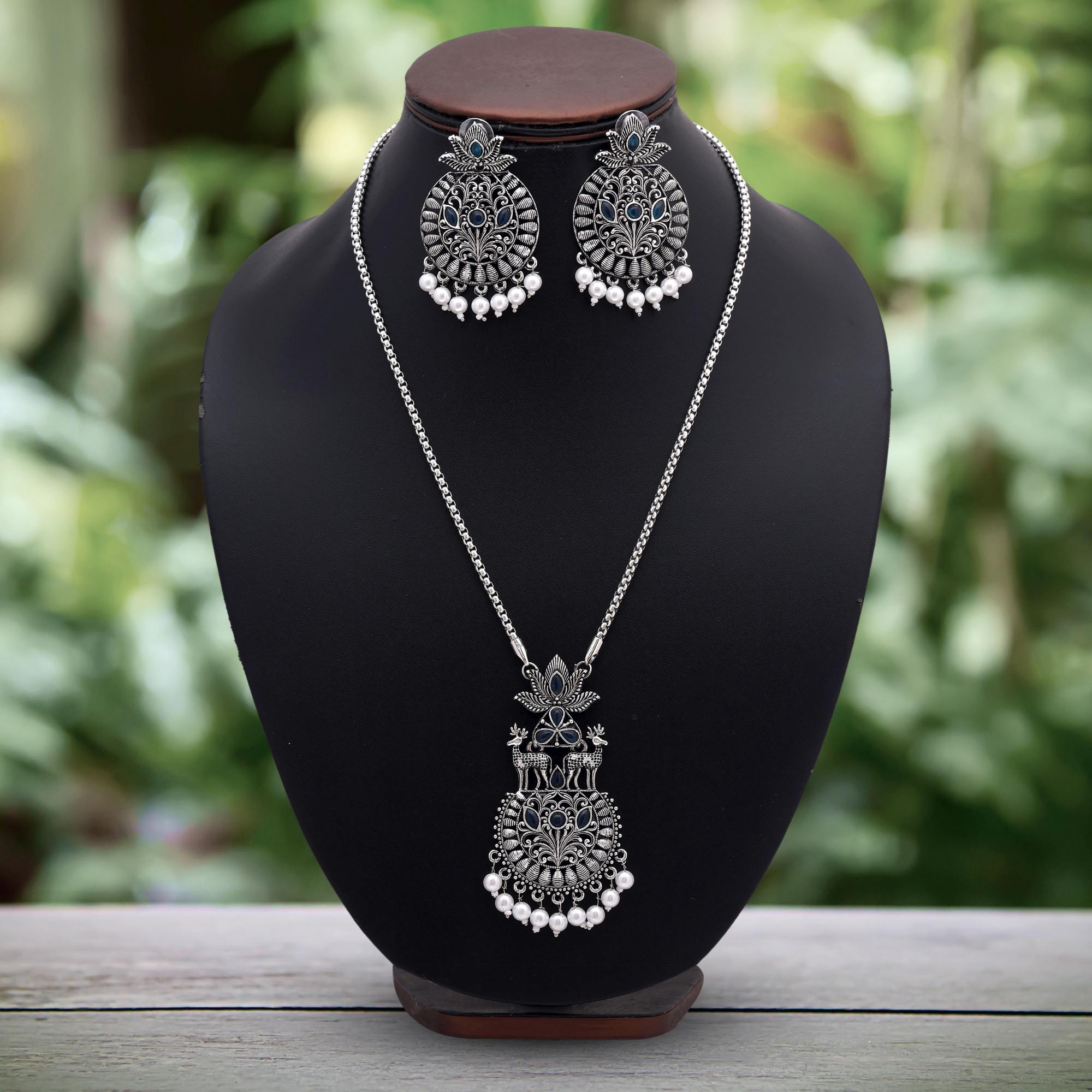 Stunning Turquoise Blue Color Oxidised Necklace Set With Ethnic Detail ...