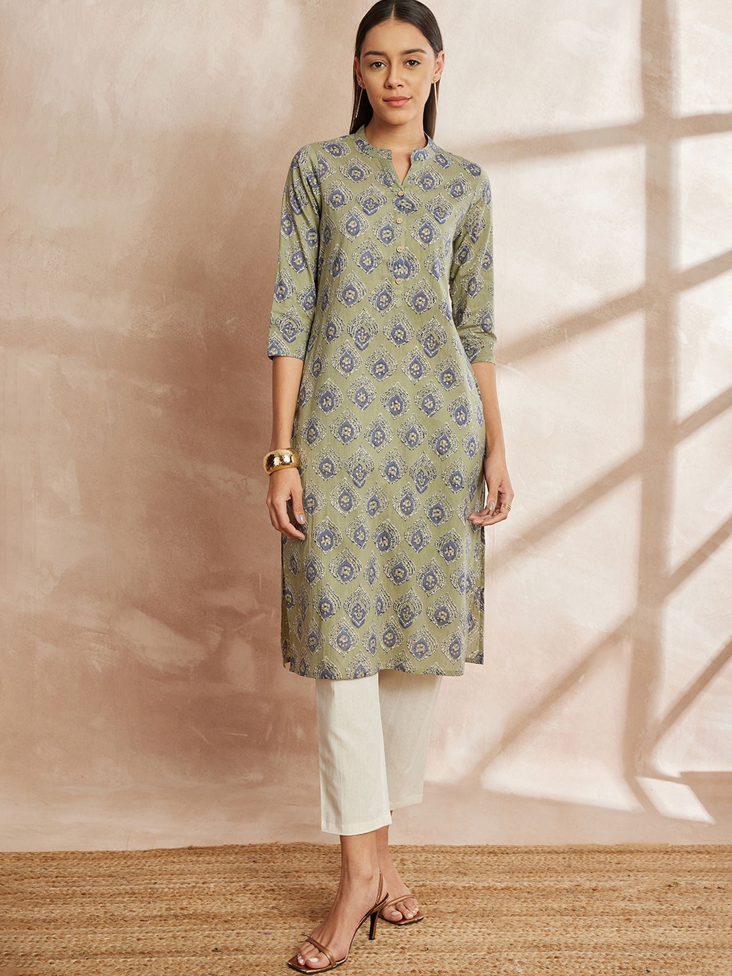 Mehandi Green Color Ethnic Motifs Printed Mandarin Collar Pure Cotton ...