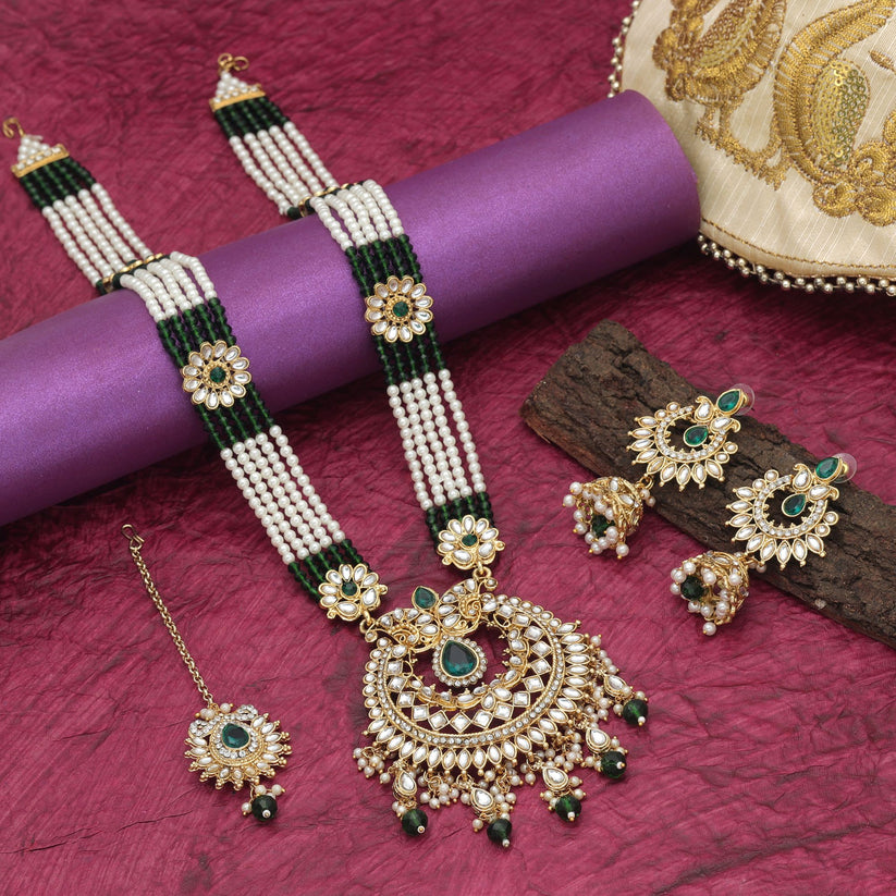 Graceful Green Color Long Kundan Necklace Set With Traditional Fashion ...