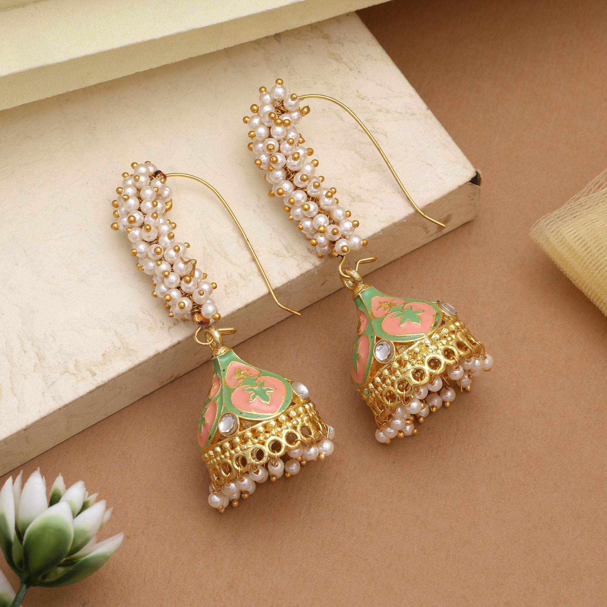 Elegant Peach & Light Green Color Meenakari Earrings With Traditional ...