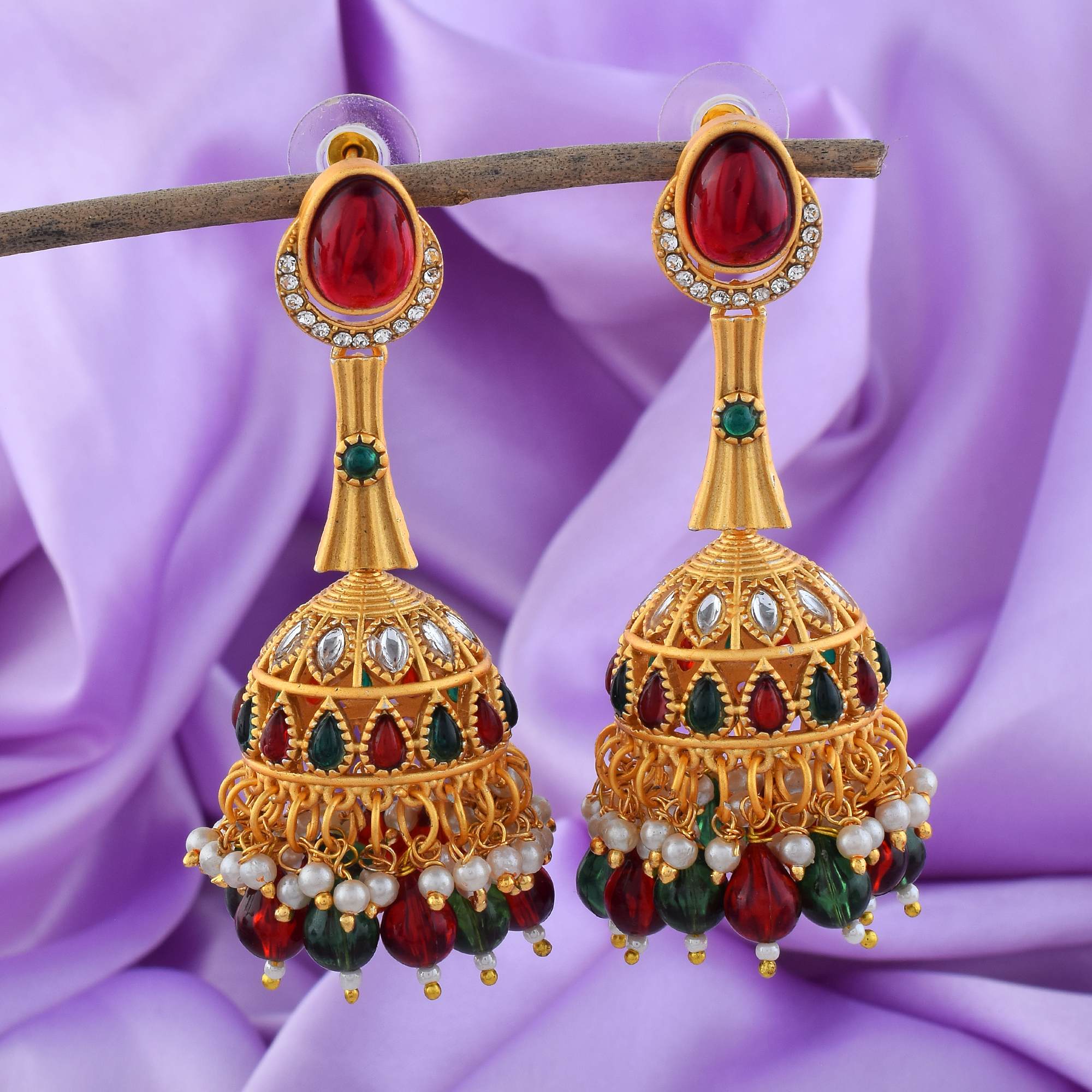 Beautiful Maroon & Green Color Matte Gold Earrings For Traditional Out ...
