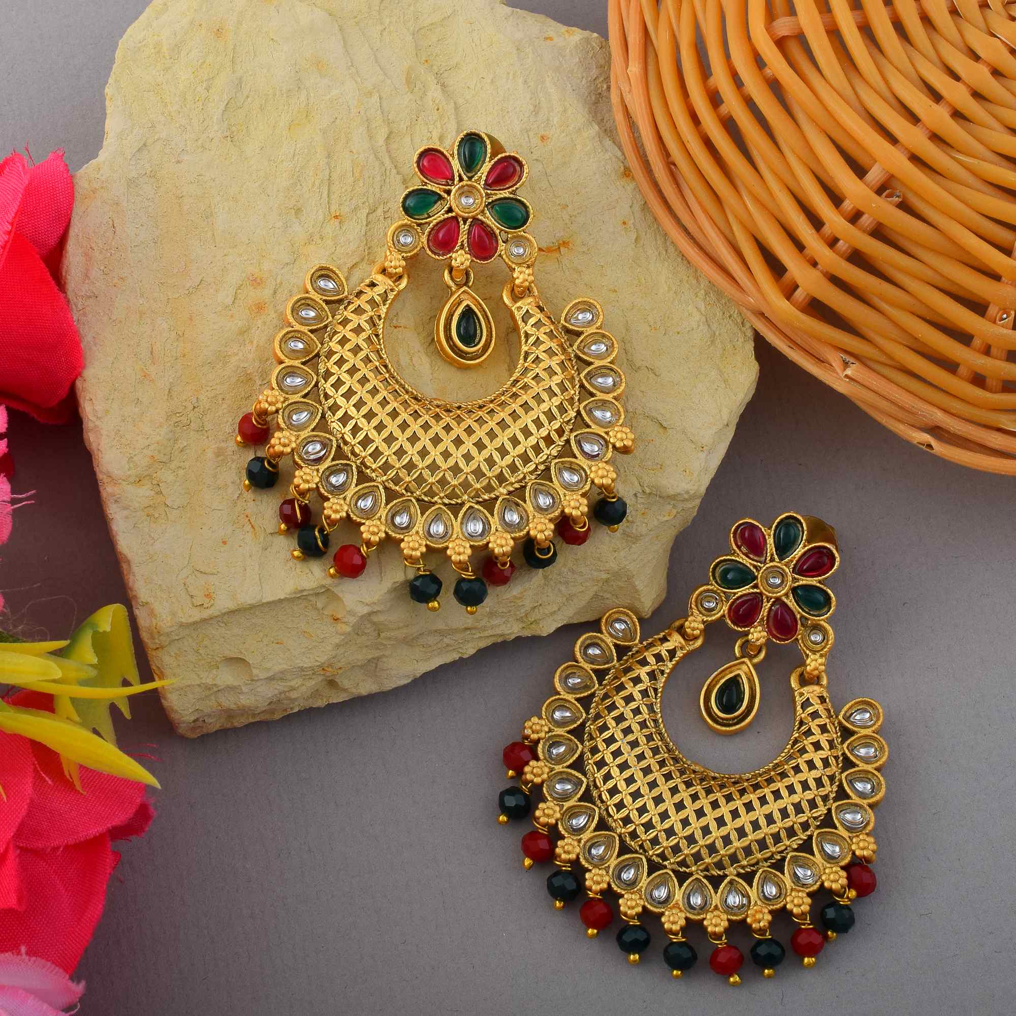 Exquisite Rani & Green Color Matte Gold Earrings For Bride’S Jewelry C ...