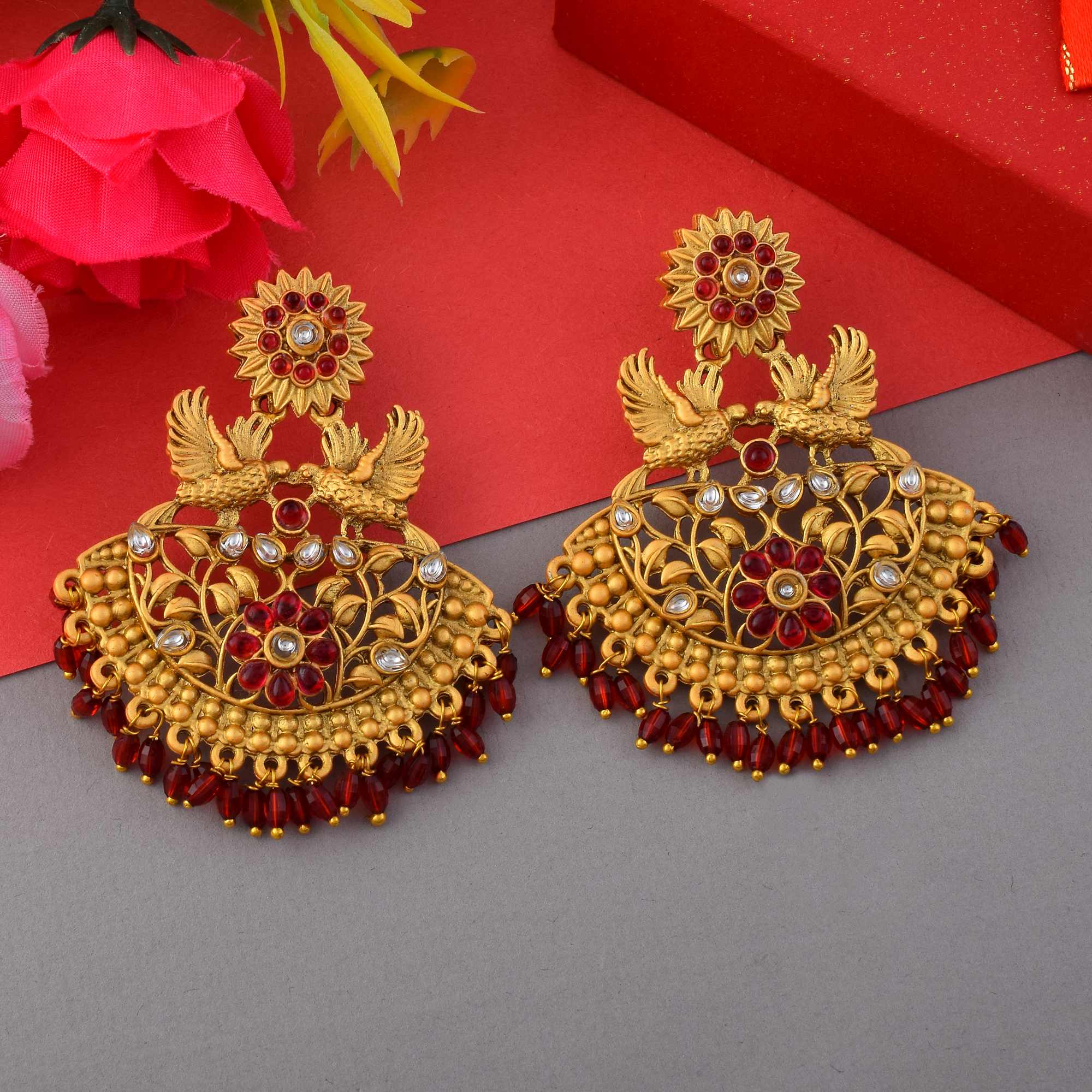 Elegant Maroon Color Matte Gold Earrings For Festive And Cultural Func ...