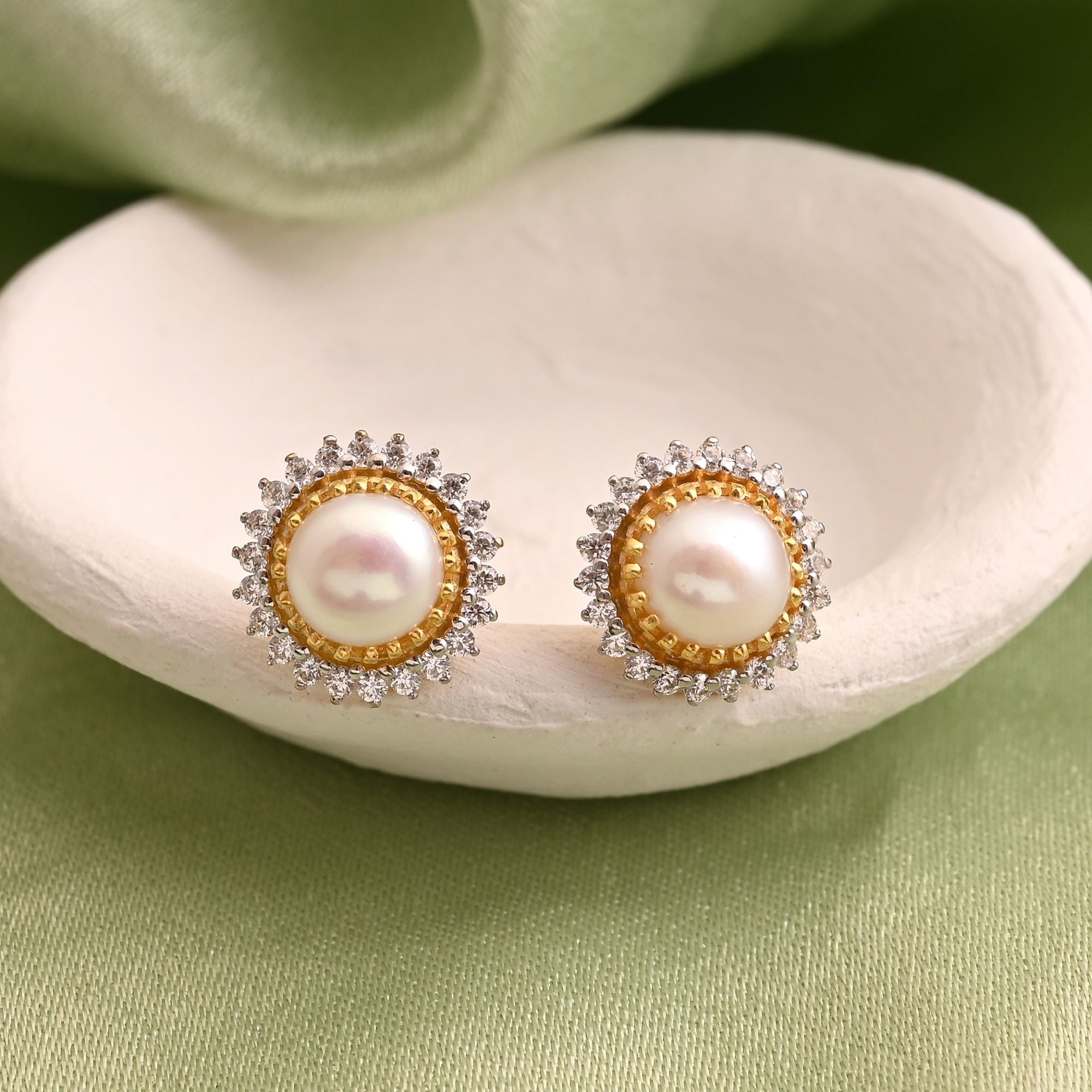 White Color 925 Gold Plated Silver Stud Earrings (OME114WHT) – FemNari